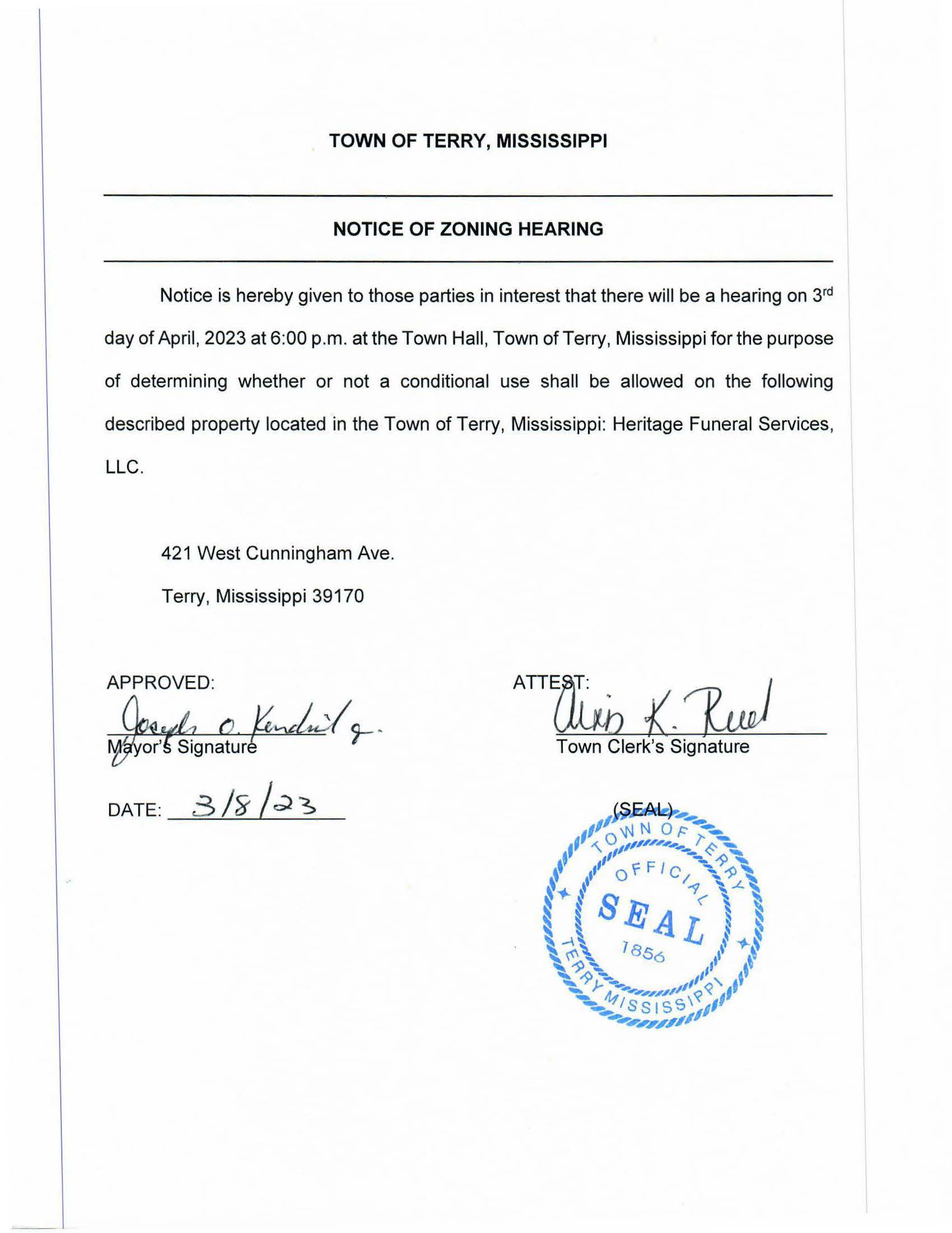 Zoning Hearing Notice – Town of Terry Zoning Hearing Notice – Town of Terry